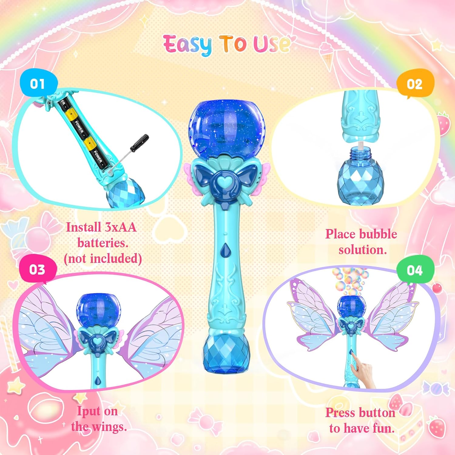 Butterfly Magic Wand with Wings Colorful Light Effect Automatic Bubble ...